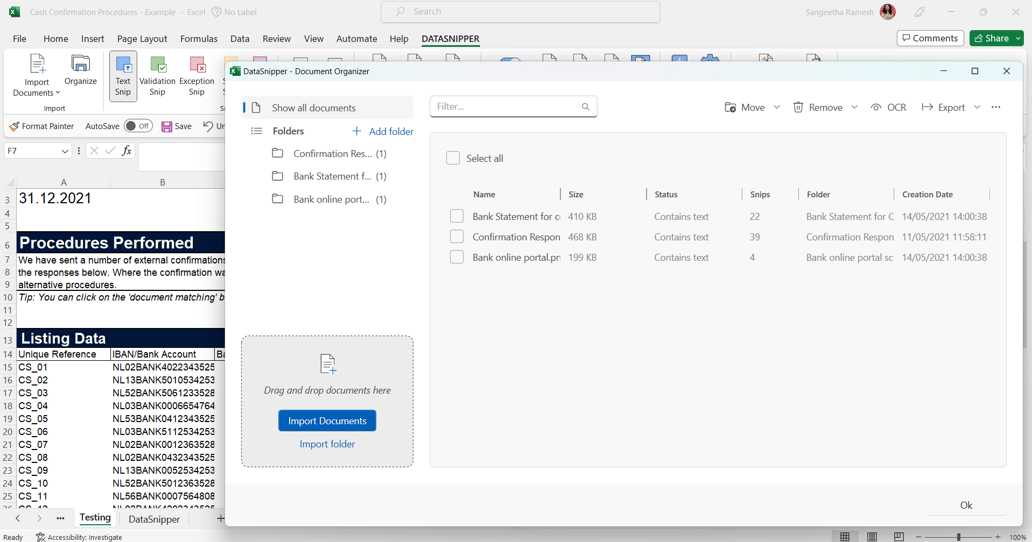 How to perform cash confirmation procedures using DataSnipper