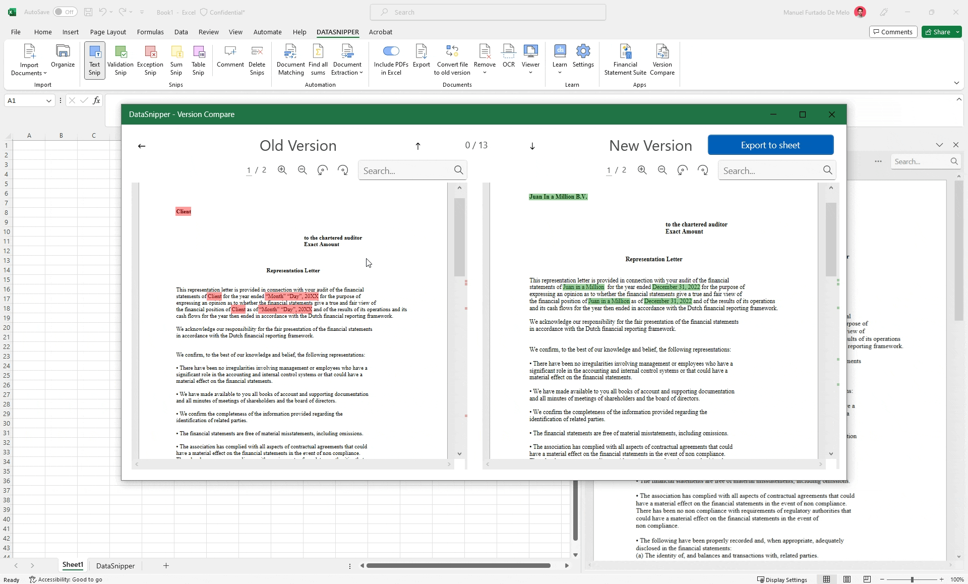 How to compare documents in DataSnipper using Version Comparison?