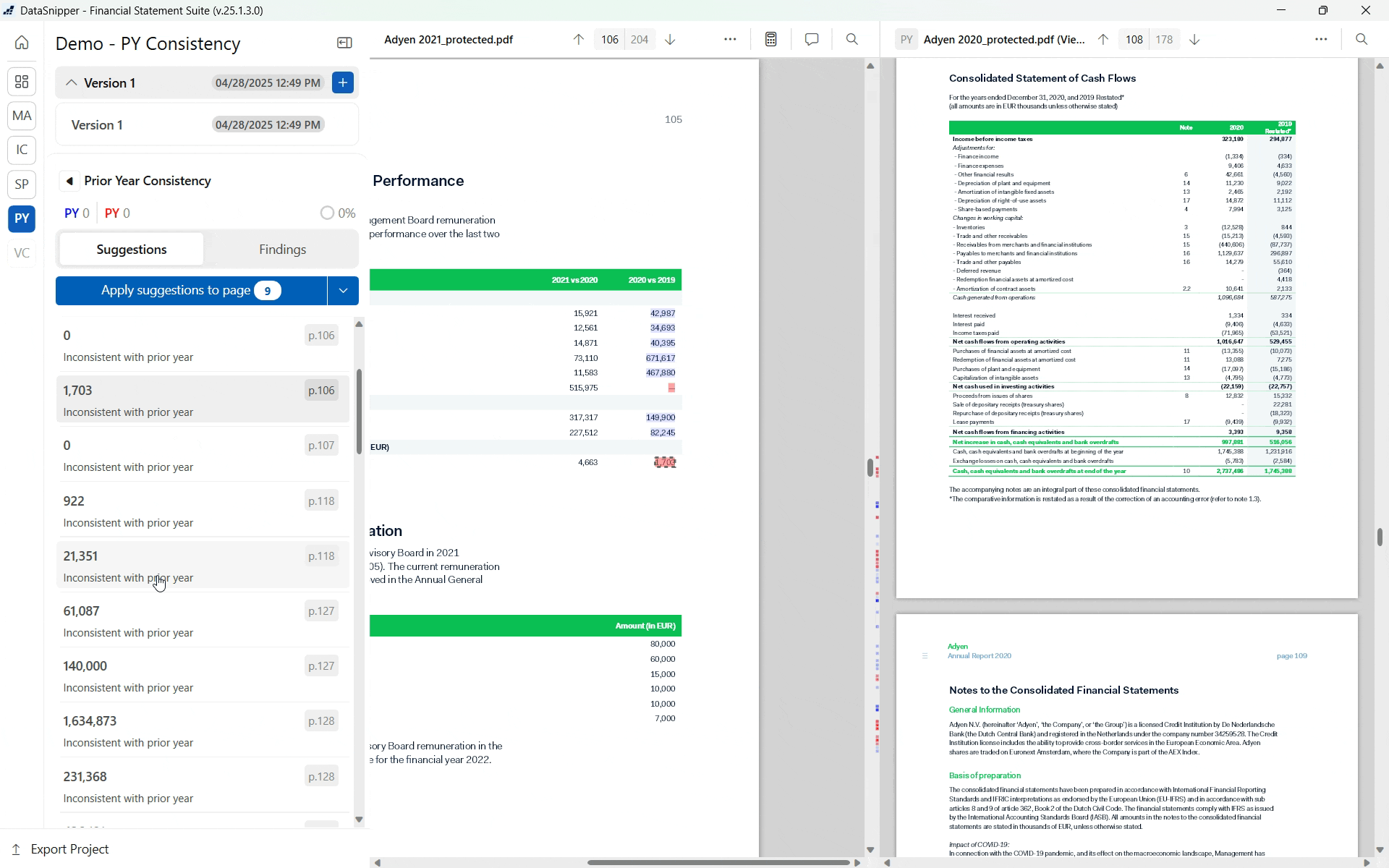 How to validate prior year consistency with Financial Statement Suite