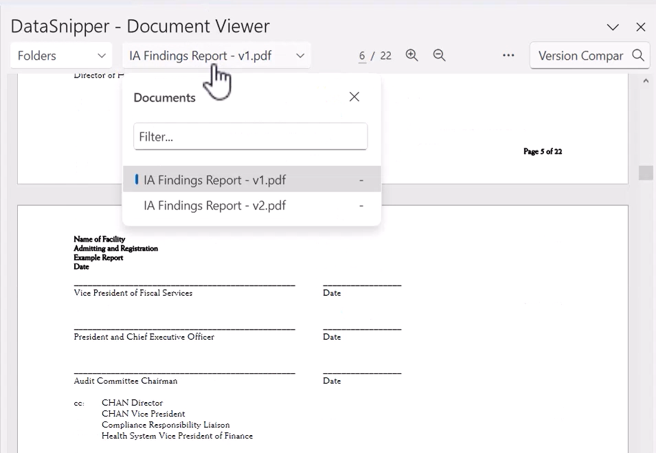 How to compare drafts of Internal Audit Findings Reports