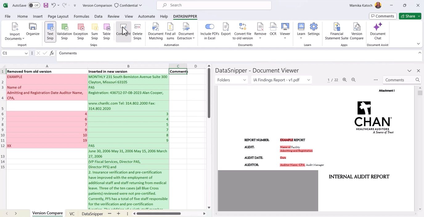 How to compare drafts of Internal Audit Findings Reports