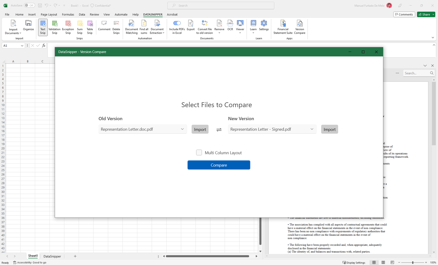How to compare documents in DataSnipper using Version Comparison?