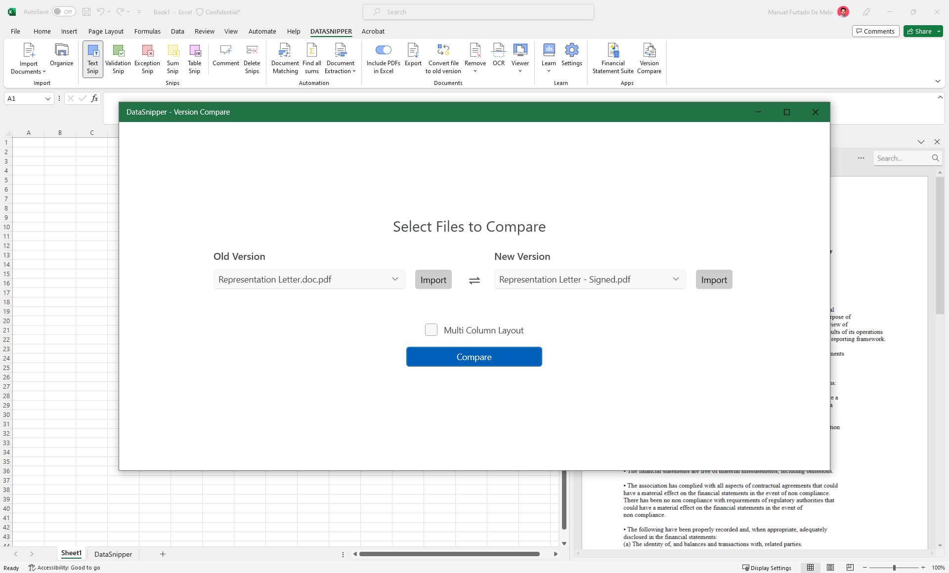 How to compare documents in DataSnipper using Version Comparison?
