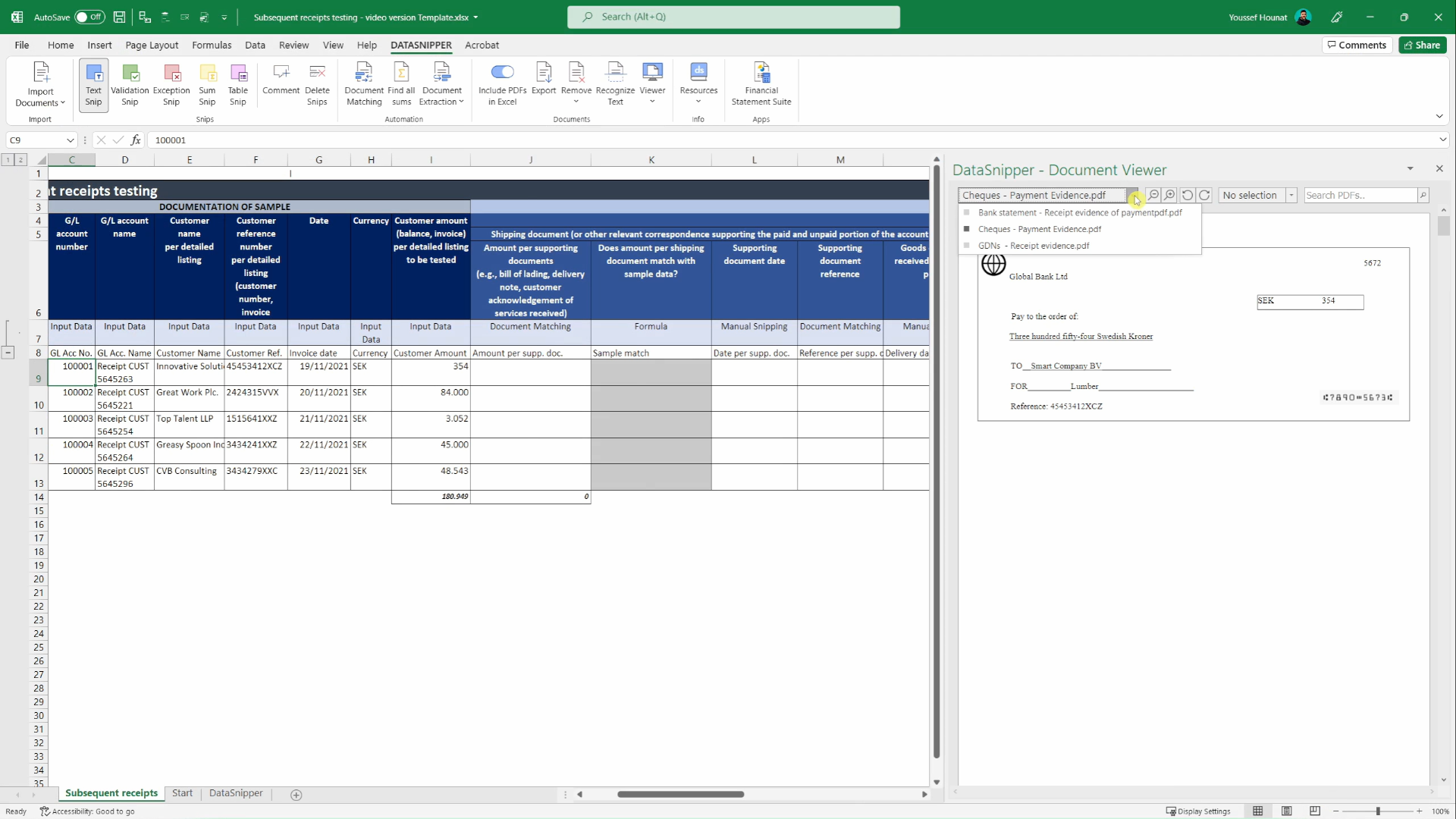 How to perform subsequent receipts procedures using DataSnipper